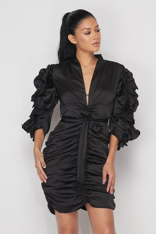 Prissy Ruffle V-Neck Solid Black Mini – Deondria's Closet